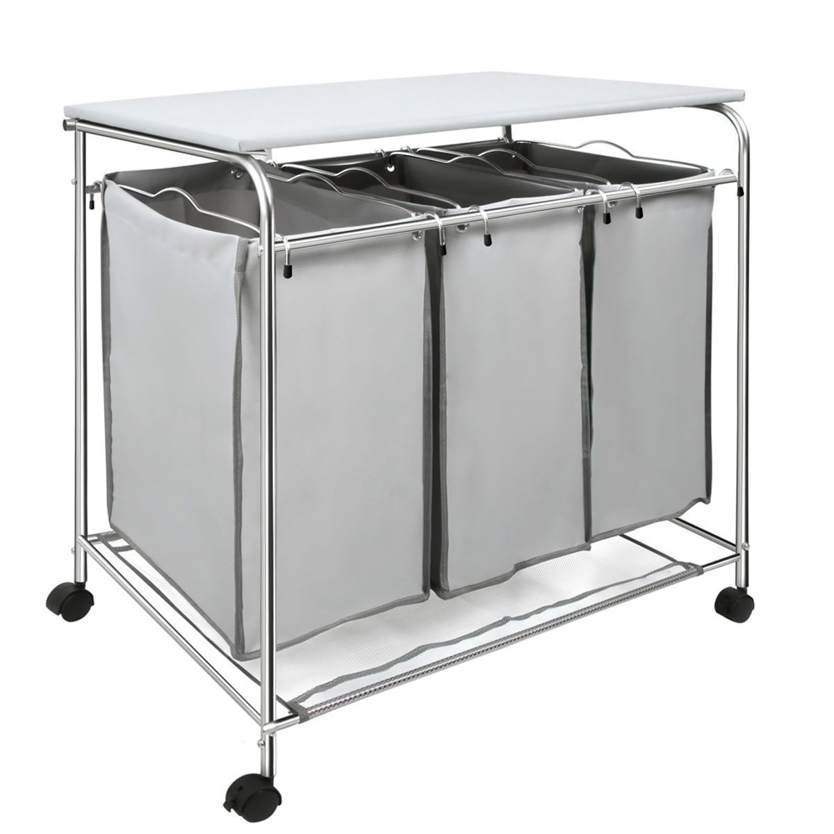 3 Compartment Laundry Cart Basket Trolley with Iron Board