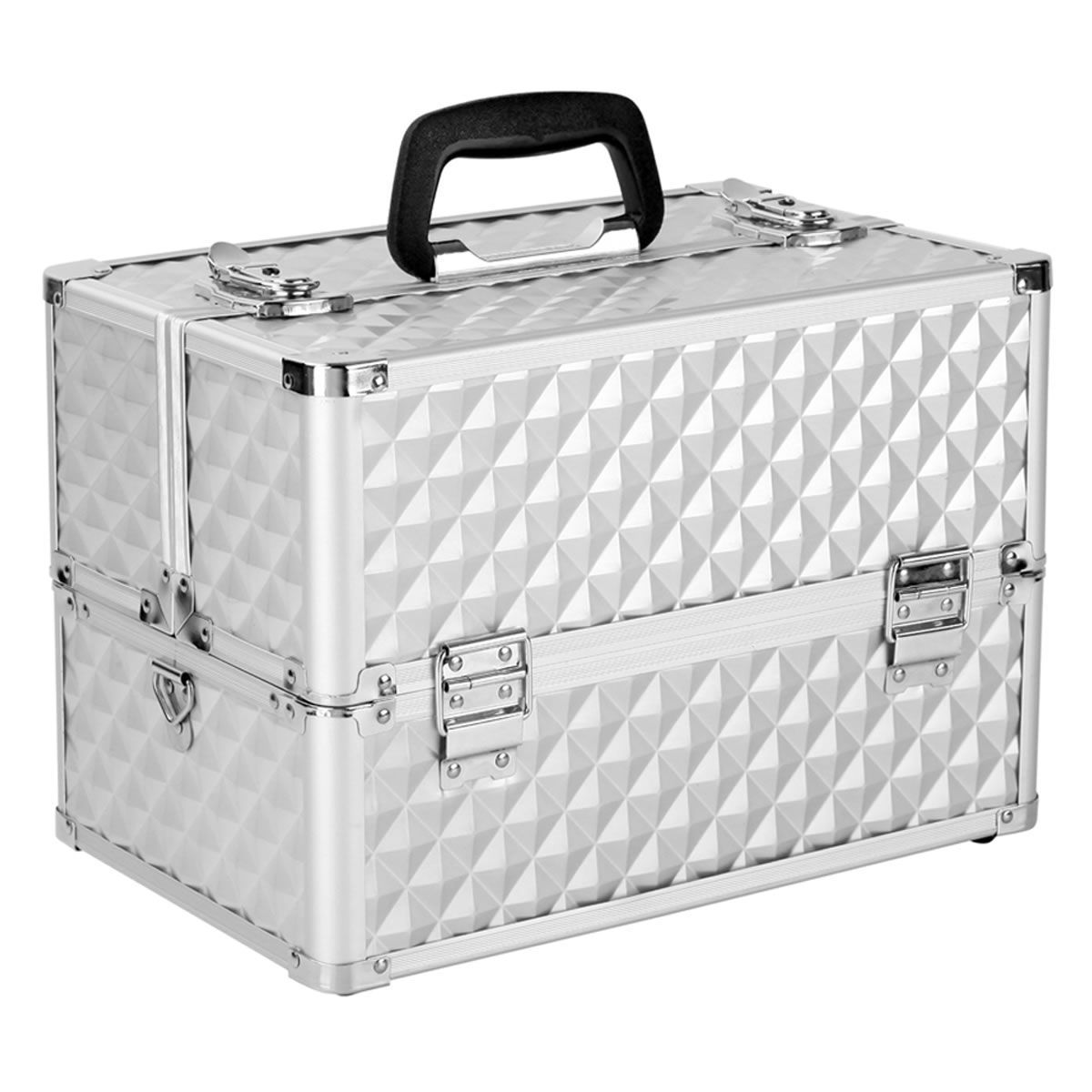 Portable Cosmetic Beauty Make Up Carry Case Box - Diamond Silver