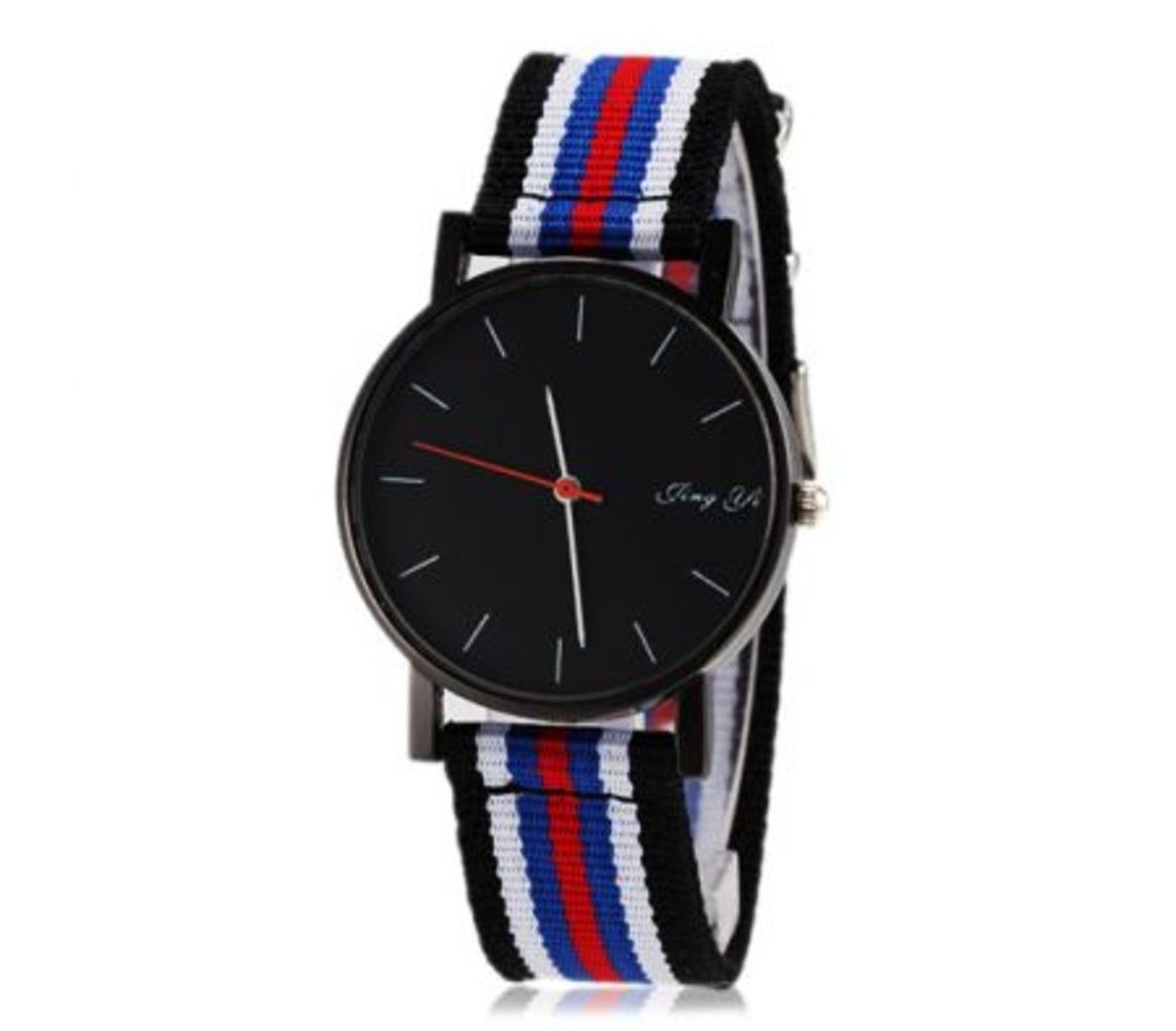 Men's Simple Black Dial Stripe Fabric Band Quartz Wrist Watch