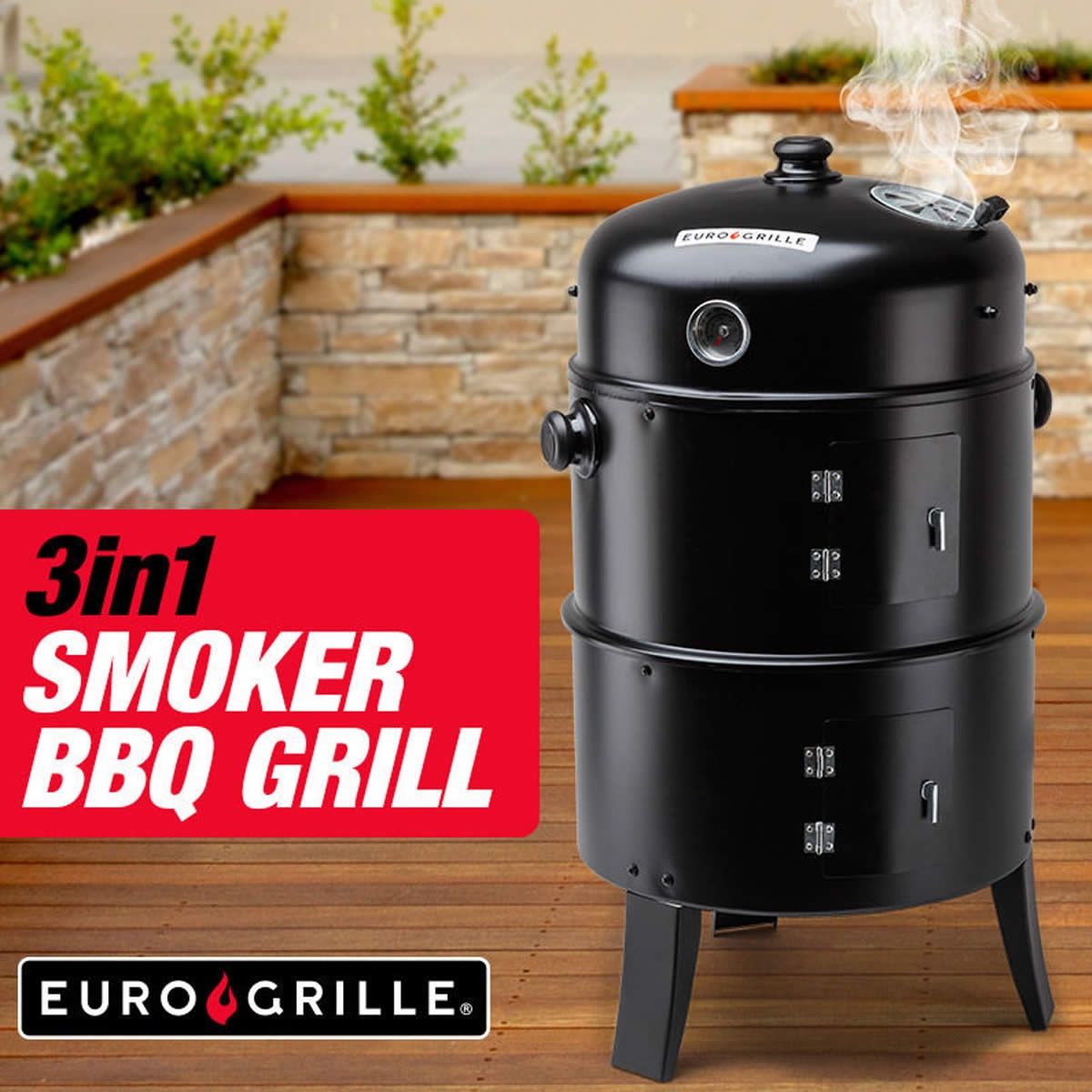 Euro-Grille Portable 3 in 1 Charcoal Smoker BBQ Grill