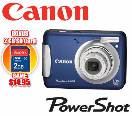 Canon PowerShot A480 Digital Camera 10 MP Megapixel - Blue - BONUS 2GB SD Card
