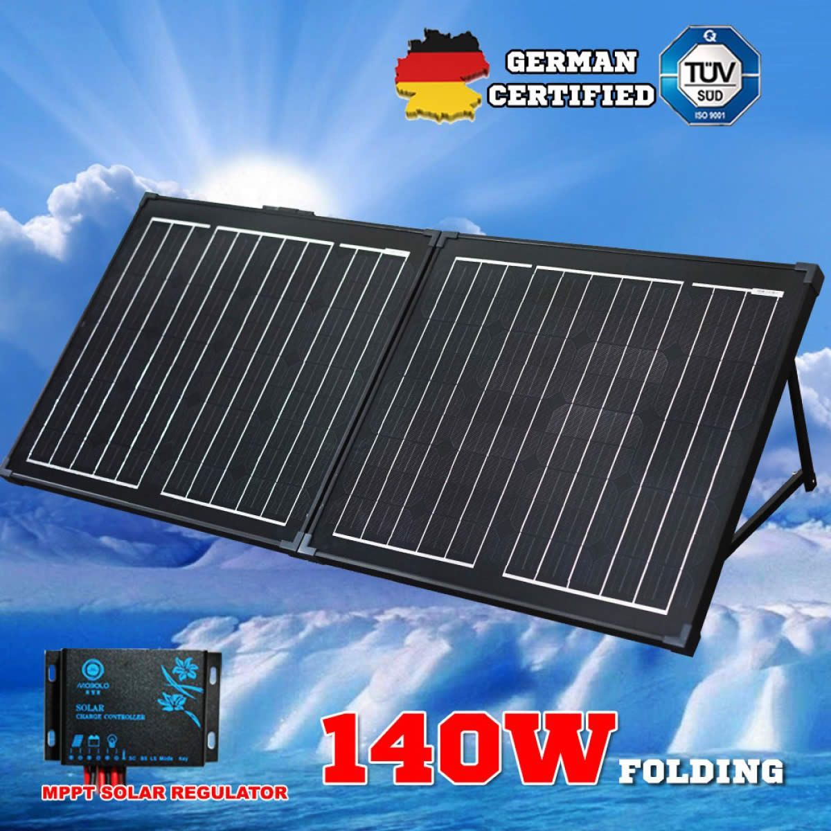Megavolt 12V 140W Folding Solar Panel Kit Black Silicon Mono MPPT Power ...