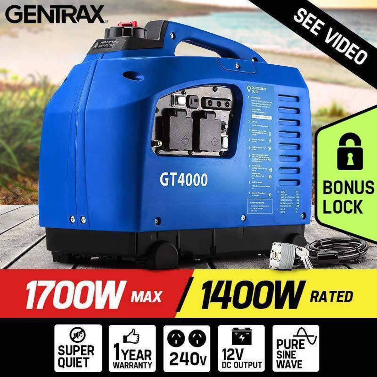 GenTrax 1700W Max 1400W Rated Petrol Inverter Generator GT4000