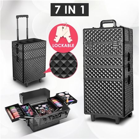 7 In 1 Portable Cosmetics Case Box with Trolley and Handle Feature