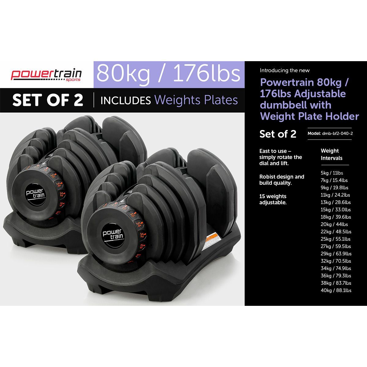 Powertrain 80kg Adjustable Dumbbell Set | Crazy Sales
