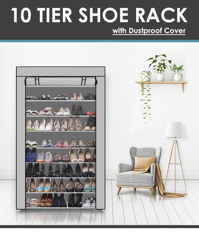 10 Tier Portable Shoe Rack with Woven Cloth Cover-60 Pairs-Silver/Grey ...