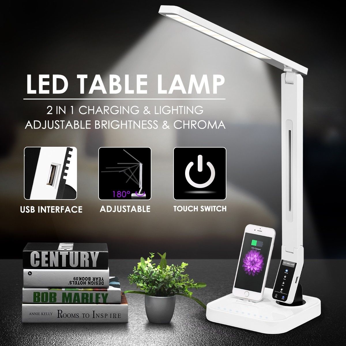 LED Desk Lamp with Iphone Docking Station/USB Charger