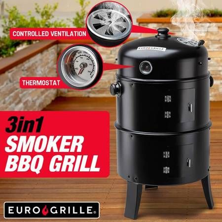 Euro-Grille 3in1 Portable Charcoal Smoker BBQ Grill Roaster