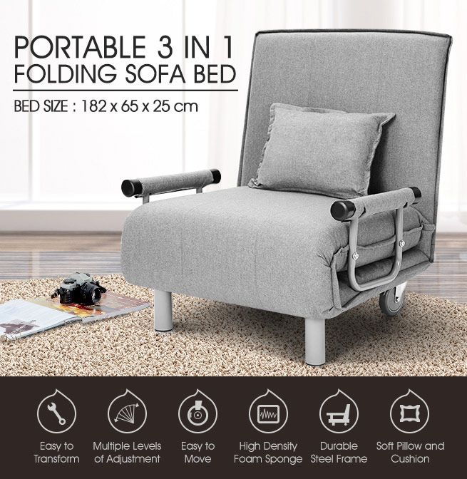 Portable Folding Rollaway Bed/Chair with Mattress-Single-Grey | Crazy Sales
