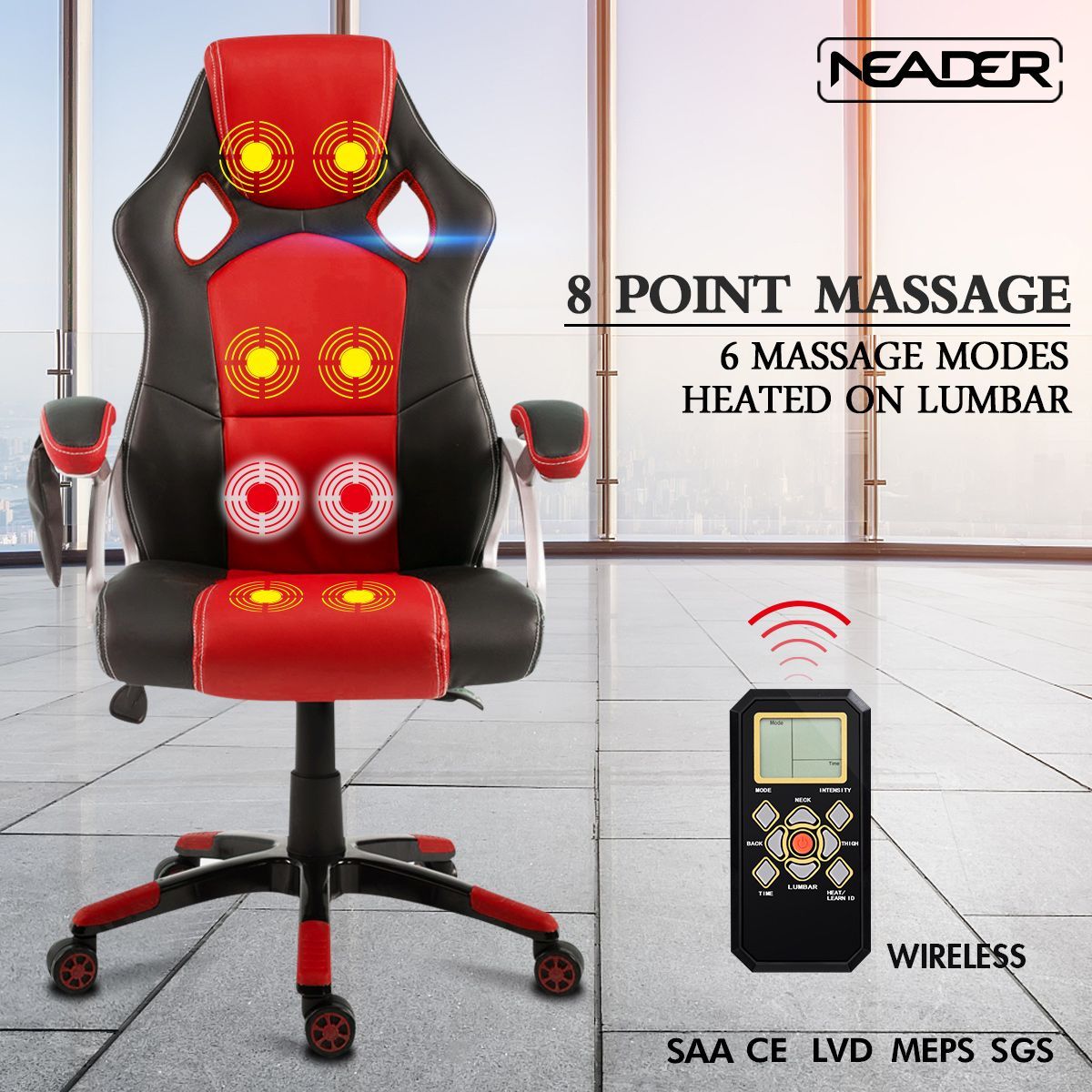 Wireless 8 Point Massage Chair PU Leather Office Chair - Red