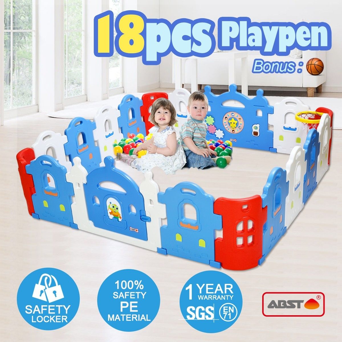 ABST 18-Sided Kids Play Pen Colorful Castle-shaped Baby Playpen with ...