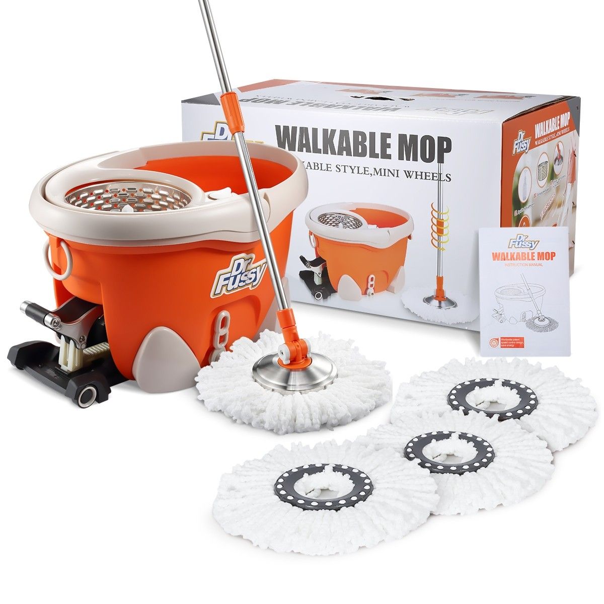 DR FUSSY 12L Walkable Spin Swivel Mop Bucket System with 4 Bonus Heads ...
