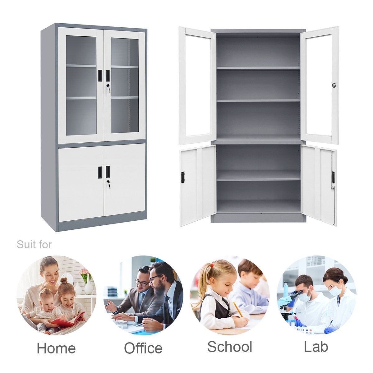 Filing Cabinet Lockable Steel Storage Cupboard w/2 Transparent Doors ...