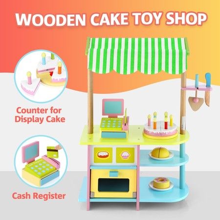 Kids Wooden Bakery Stand Children Pretend Play Cake Toy Shop with Awning