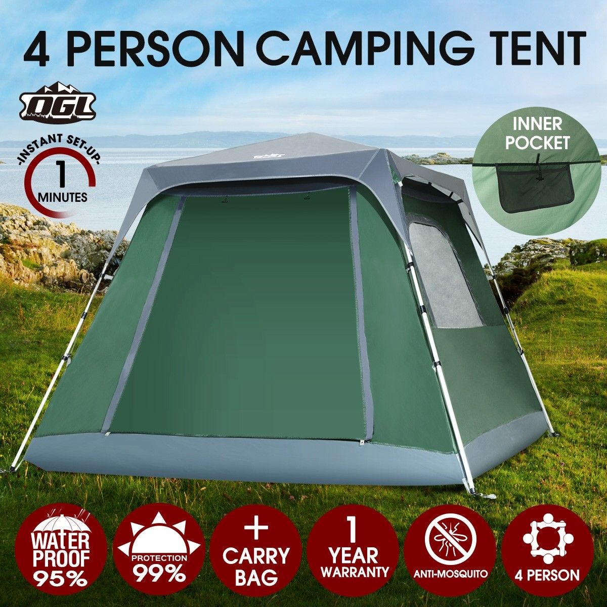 OGL 4 Person Hiking Camping Beach Pop Up Outdoor Waterproof Tent w ...