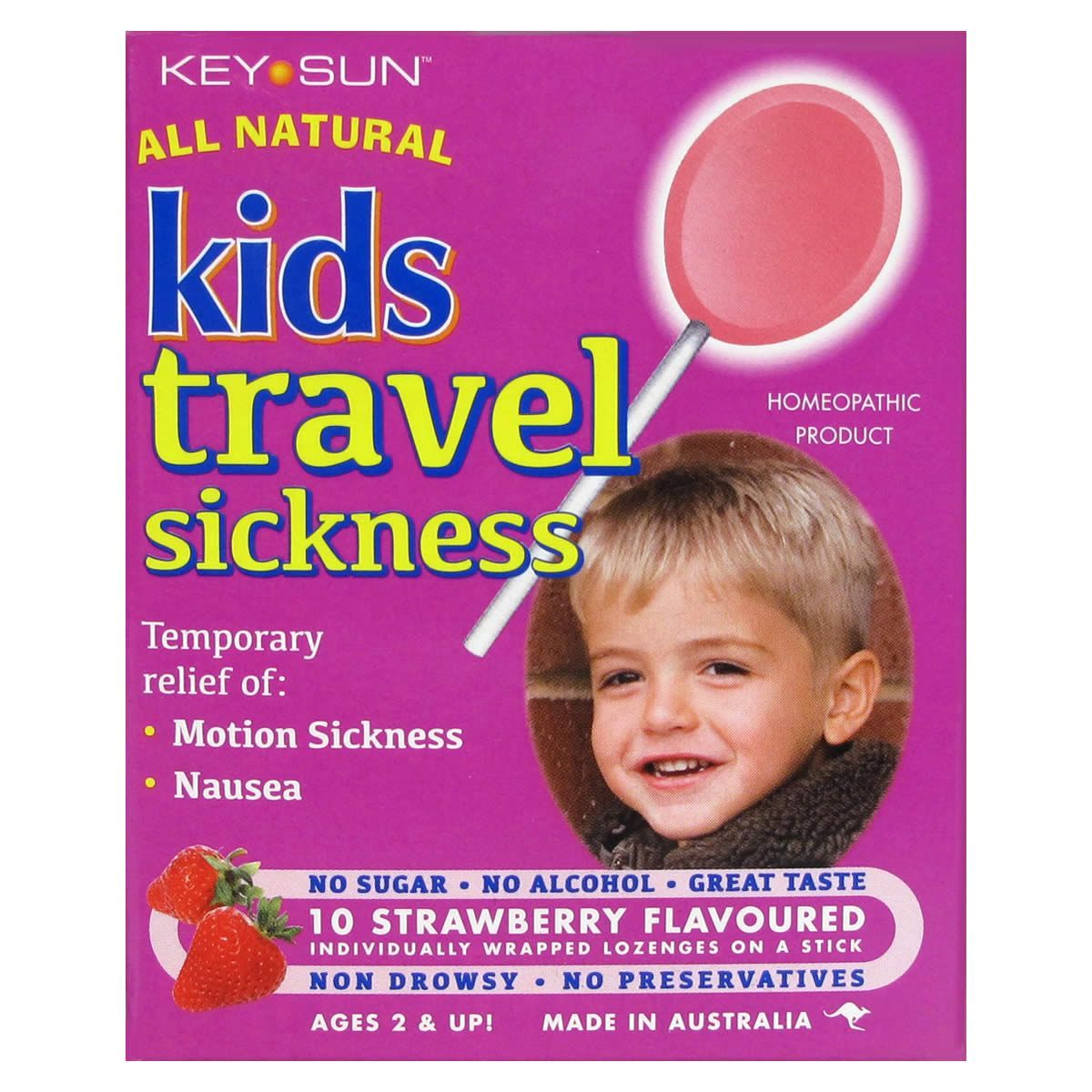 Key Sun All Natural Kids Travel Sickness Lozenges Strawberry 10 Lozenges