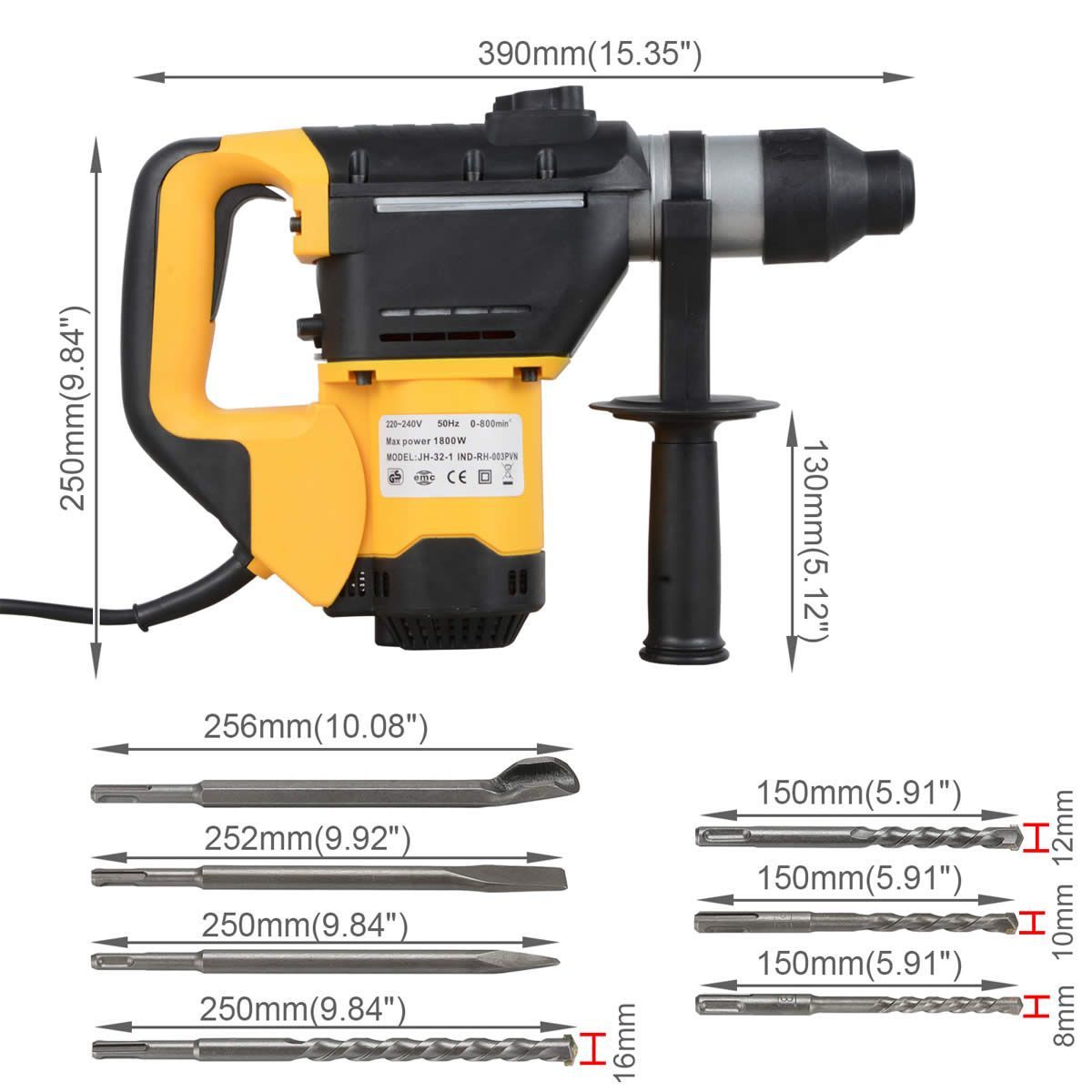 Max 1800w Demolition Hammer Rotary Jack 4 In 1 Electric Jackhammer Sds