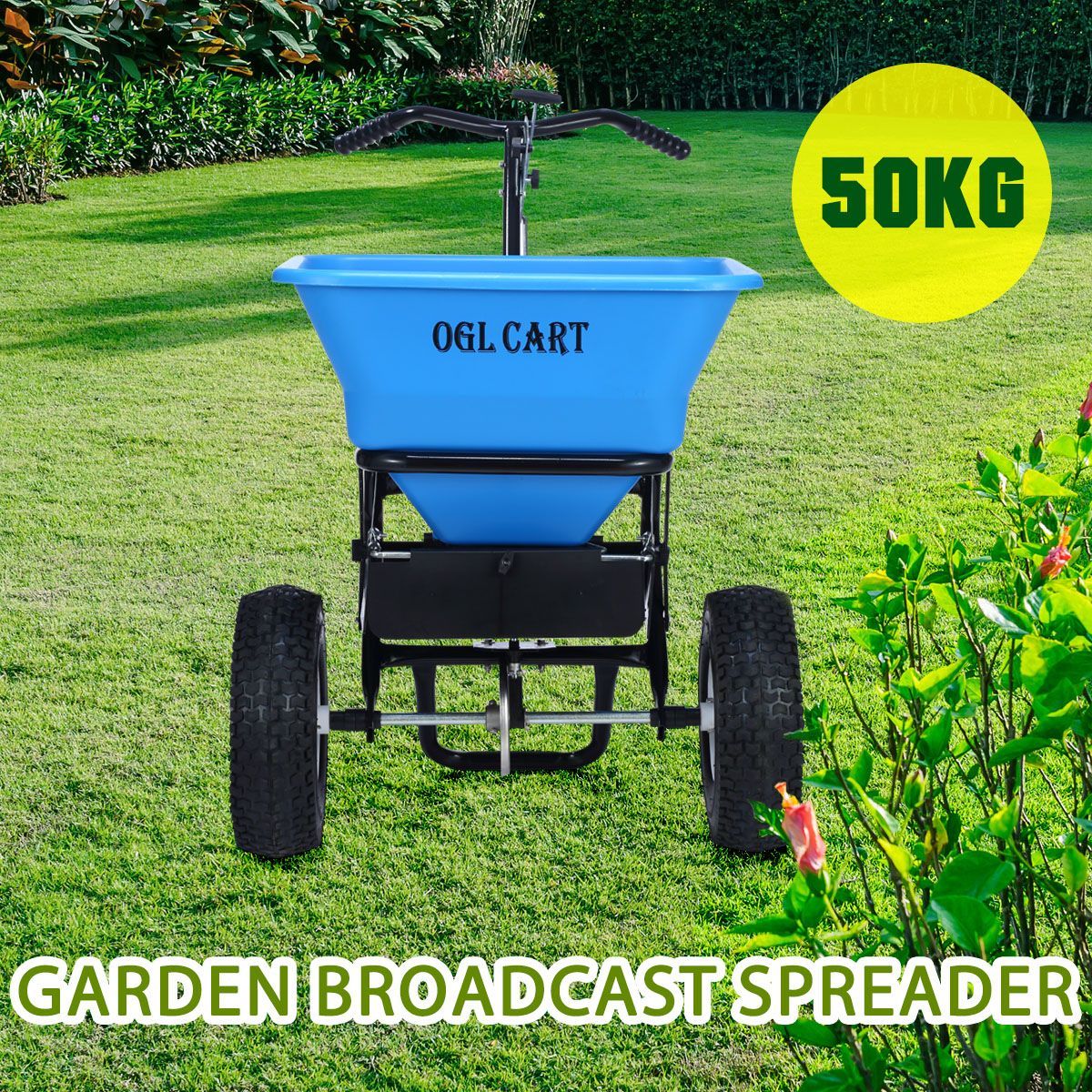 50kg Walk Behind Broadcast Spreader Lawn Seed Fertilizer Farm Seeder - Blue