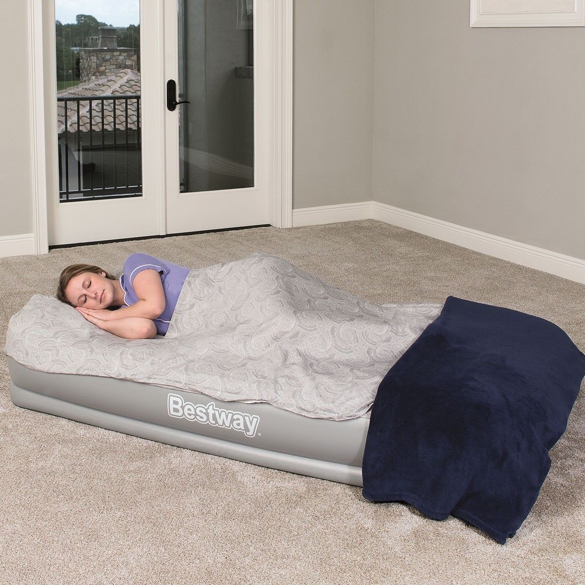 Bestway Single Air Mattress Inflatable Flocked Bed Built-in AC Pump Home Camping | Crazy Sales