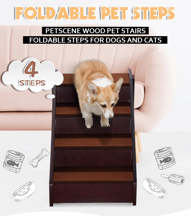 Petscene 4 Steps Dog Pet Stairs Folding Cat Ladder Portable Wooden ...