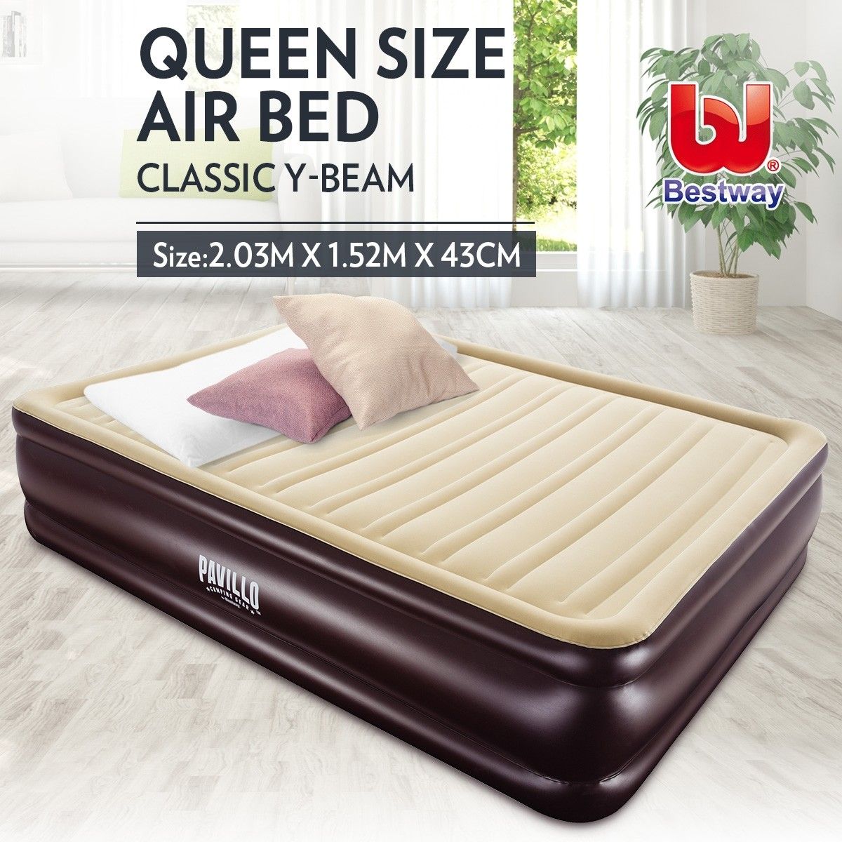 Bestway Queen Inflatable Flocked Mattress Tritech Airbed Home Camping 203 x 152 x 43cm
