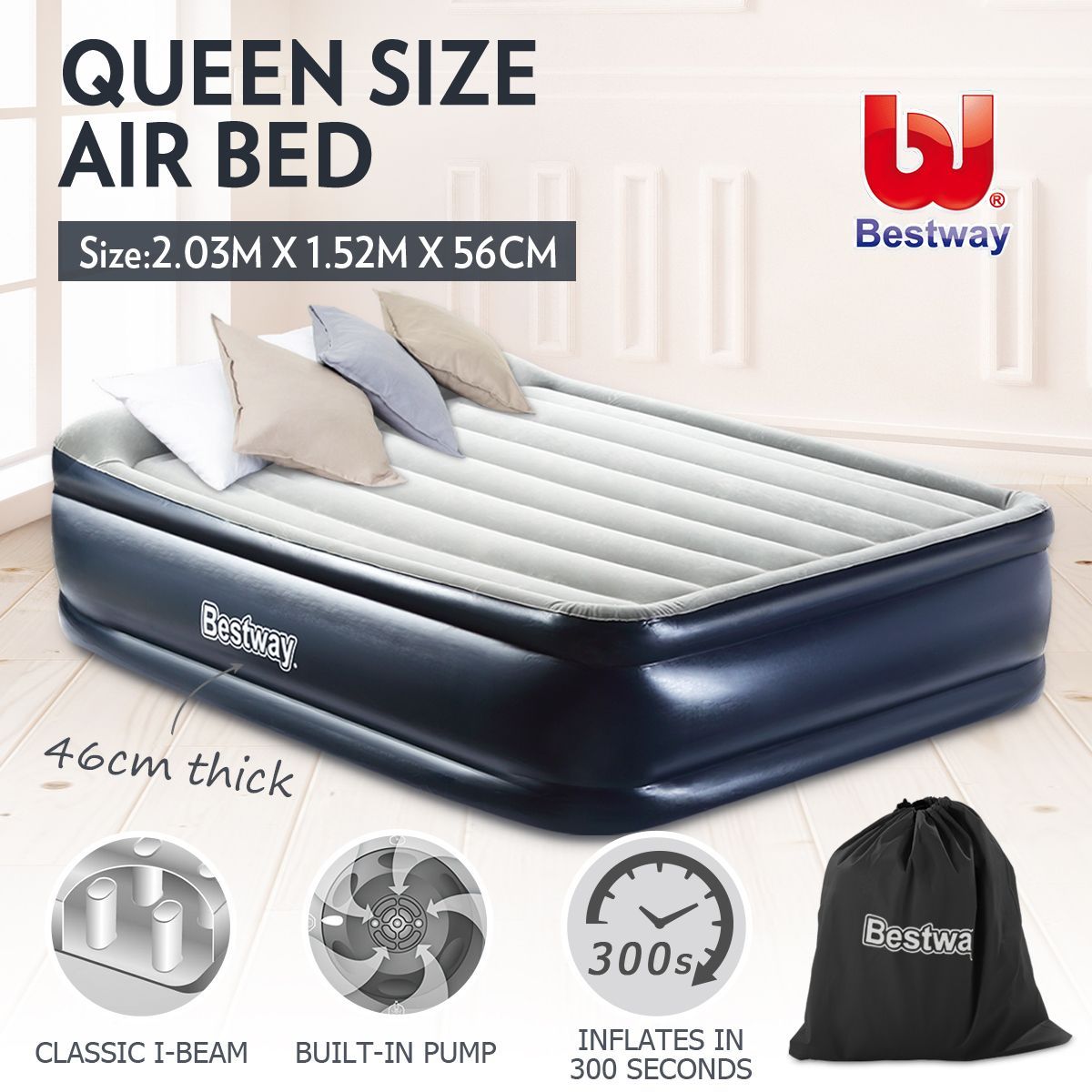 Bestway Queen Inflatable Flocked Mattress Tritech Airbed Built-in AC Pump & Pillow 203 x 152 x 56cm