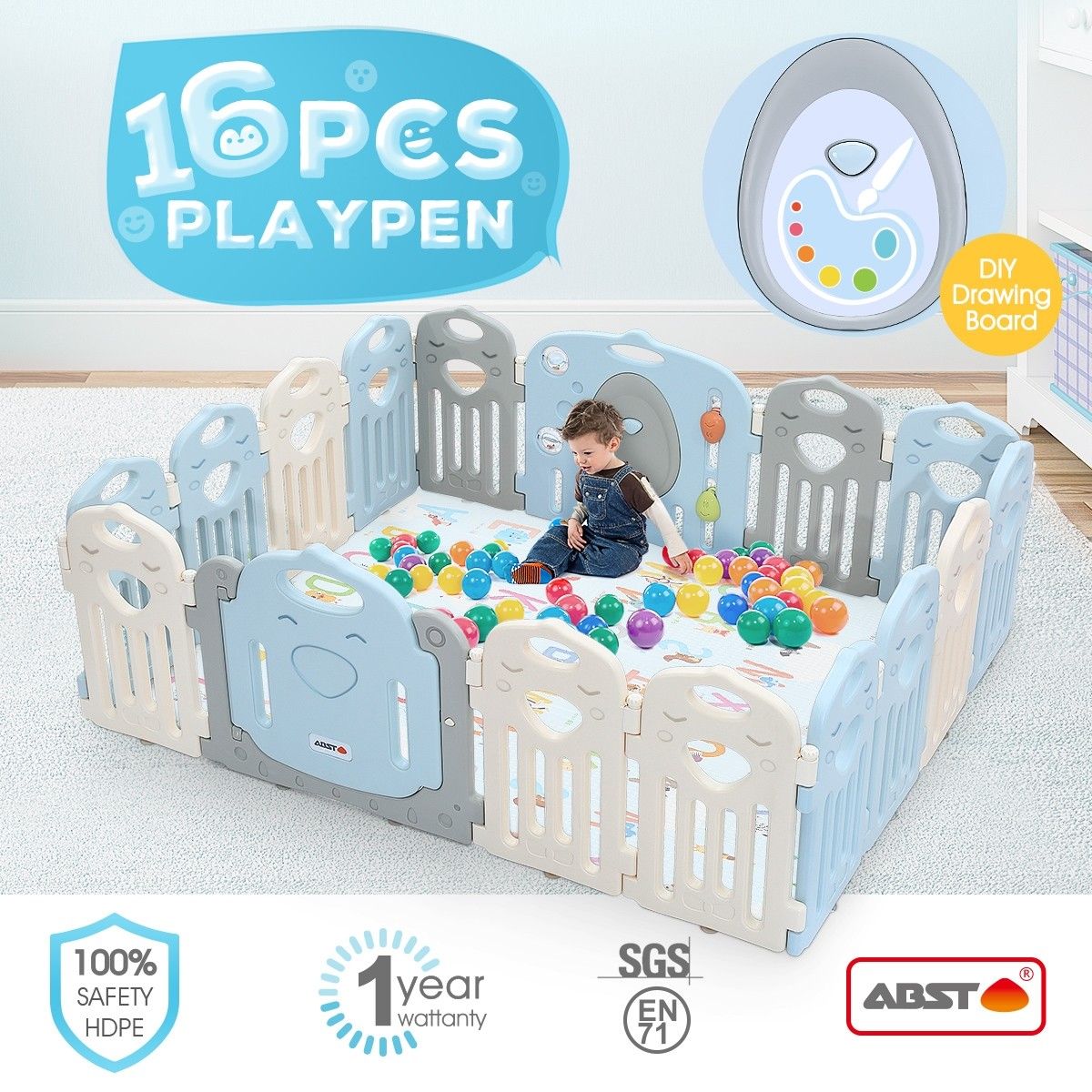 ABST 16 Sided Panel Baby Playpen Interactive Kids Play Room Toddler ...