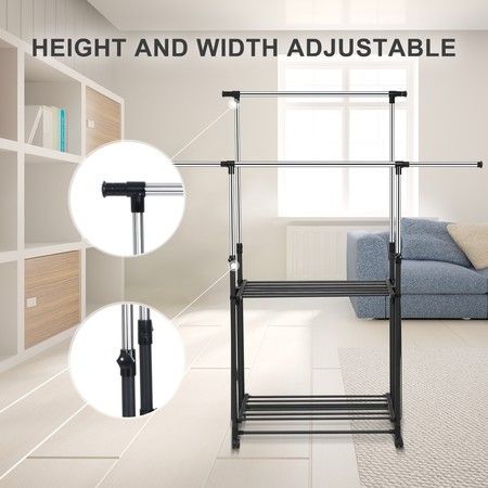 New Adjustable Clothes Rack 2 Hanging Rods Hanger Stand Metal Rail With ...