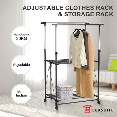 New Adjustable Clothes Rack 2 Hanging Rods Hanger Stand Metal Rail With ...