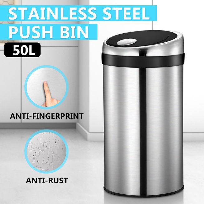 50L Touch Top Garbage Rubbish Bin Stainless Steel Push Kitchen Waste ...