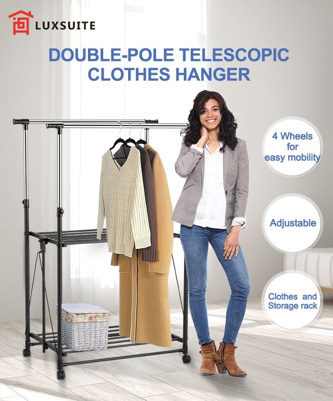 New Adjustable Clothes Rack 2 Hanging Rods Hanger Stand Metal Rail With ...