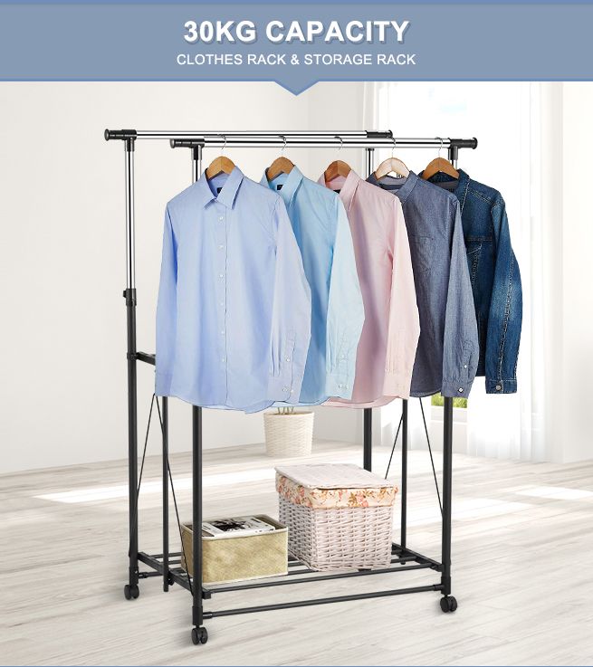 New Adjustable Clothes Rack 2 Hanging Rods Hanger Stand Metal Rail With ...