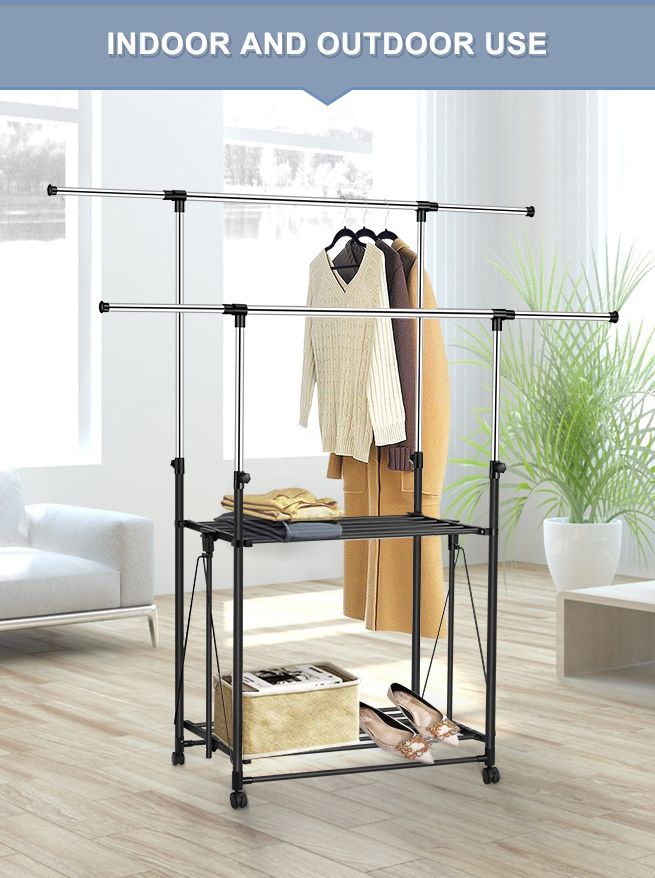 New Adjustable Clothes Rack 2 Hanging Rods Hanger Stand Metal Rail With ...