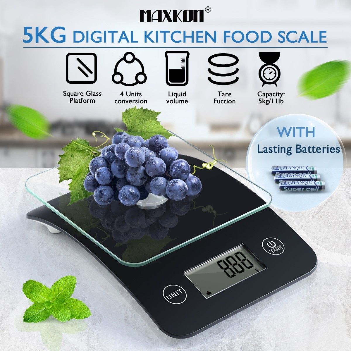 1g/5kg Digital Glass Top Kitchen Scale Electronic Multifunction Food ...