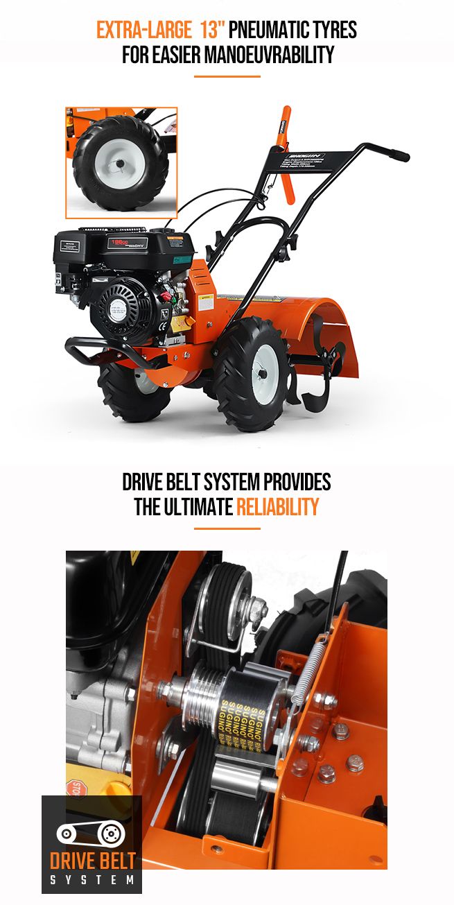 196CC Garden Tiller Cultivator 6.5HP 4 Stroke Petrol Rotary Hoe Tine ...