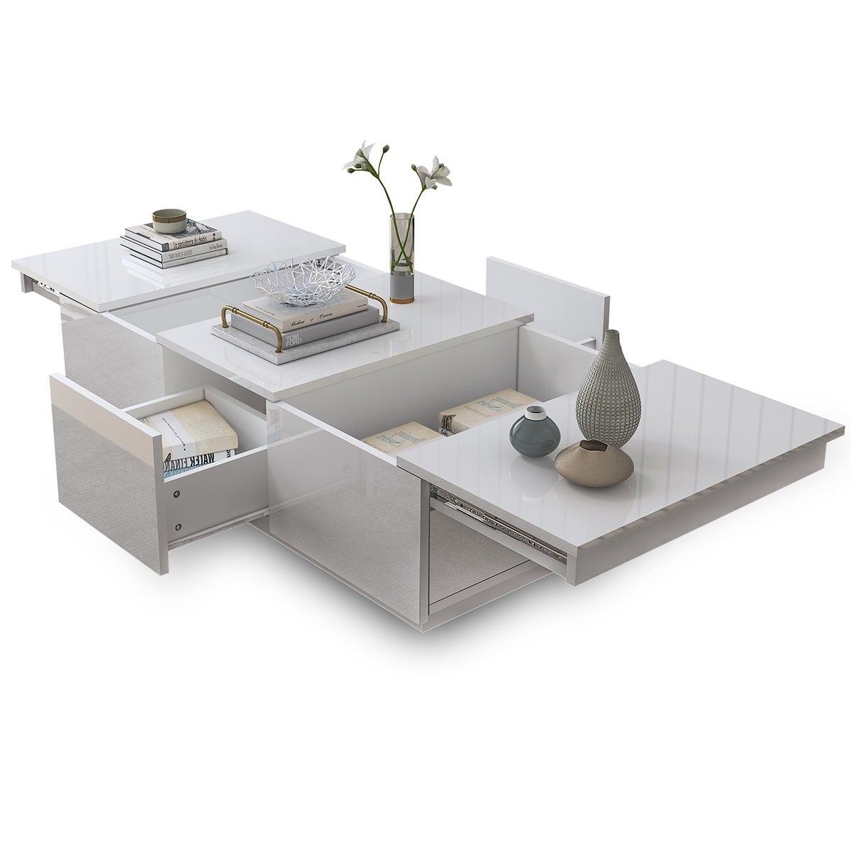 Modern 2 Drawer Coffee Table Cabinet Slide Top Storage High Gloss Wood ...