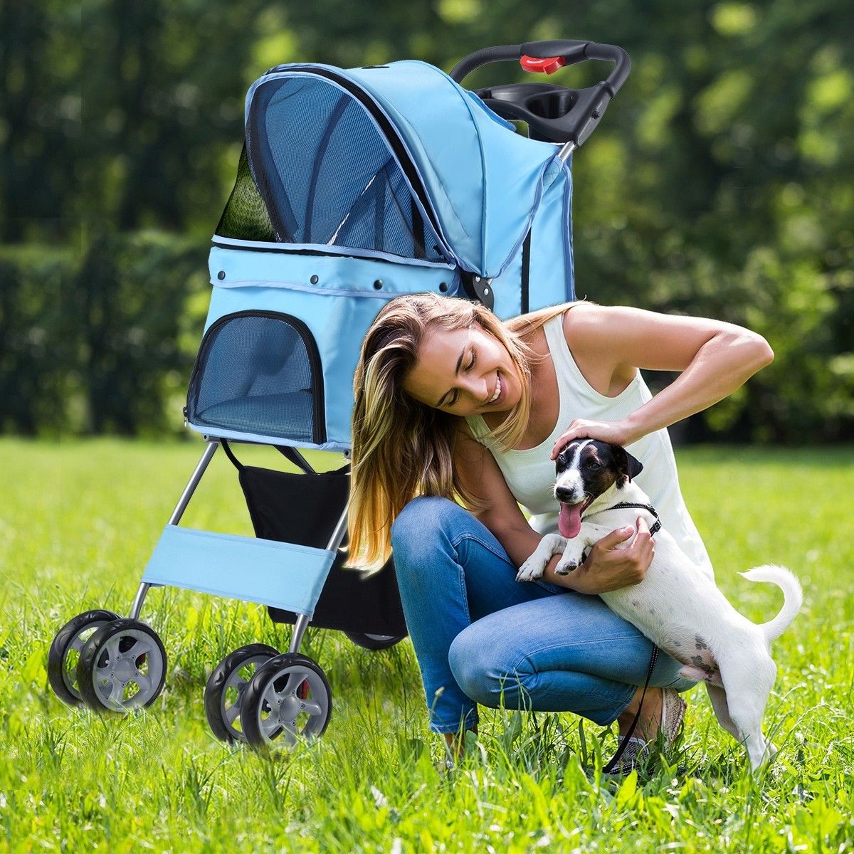 4 Wheels Pet Stroller Cat Pram Dog Cart Travel Carrier Foldable ...