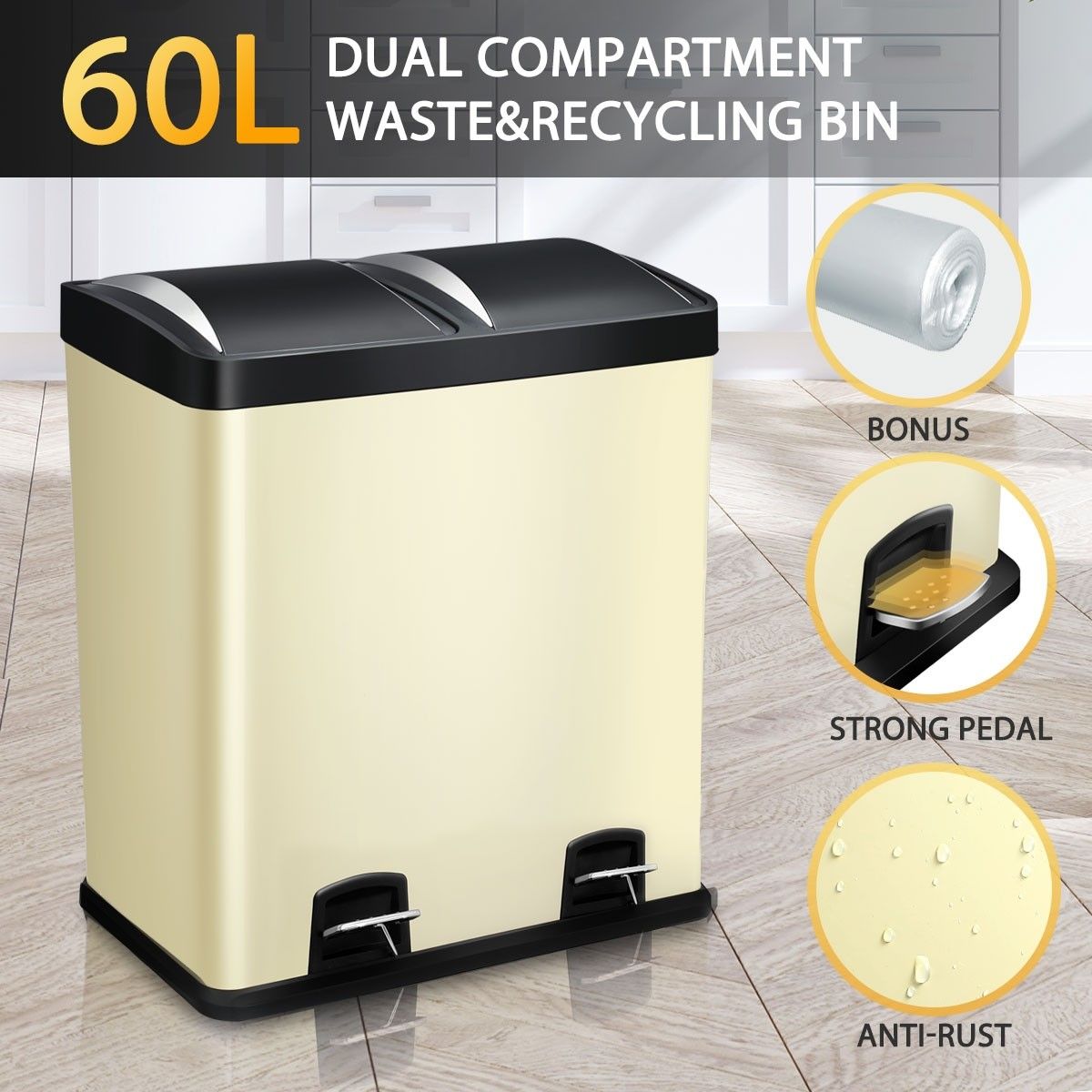 60L Dual Pedal Compartment Rubbish Bin Powder Coated Steel Kitchen ...
