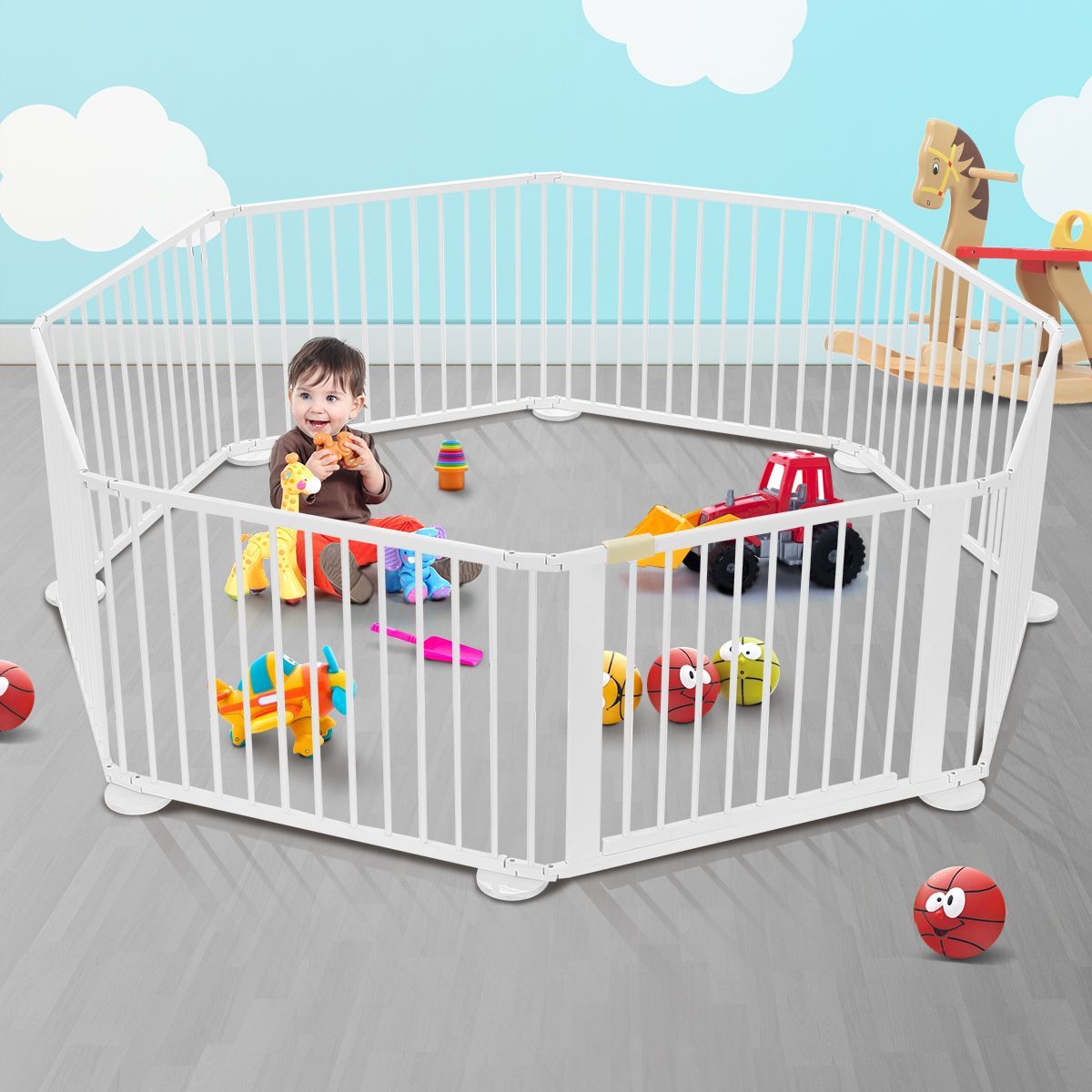 8-Panel Wooden Playpen Kids Baby Toddler Fence Play Yard-White | Crazy ...