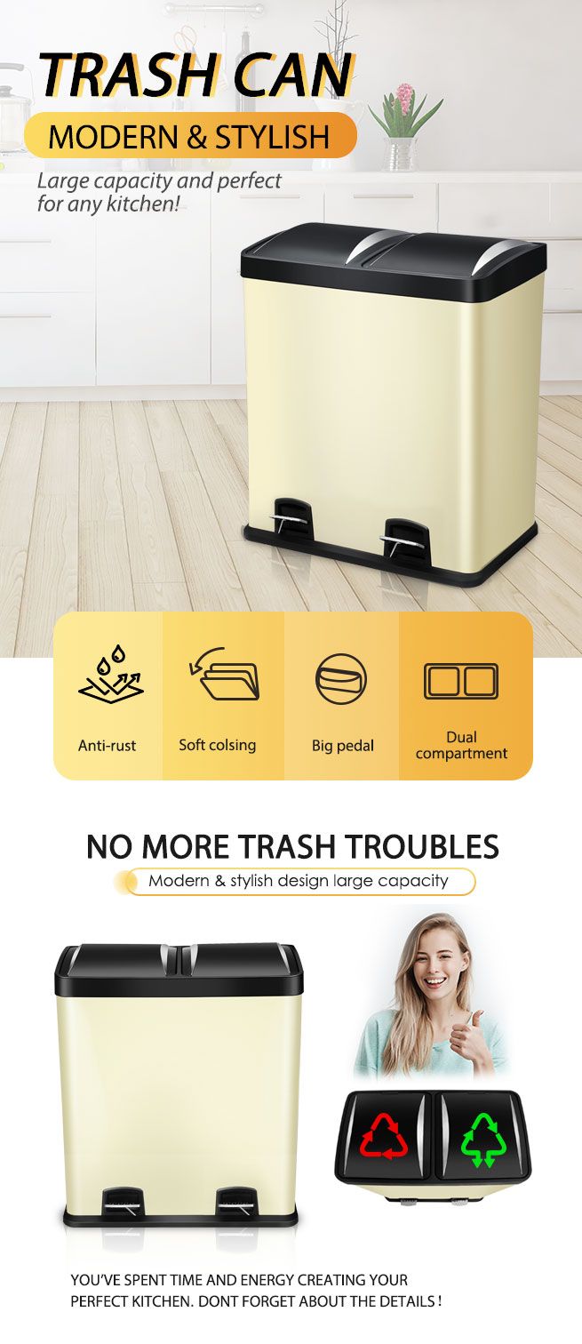 60L Dual Pedal Compartment Rubbish Bin Powder Coated Steel Kitchen ...