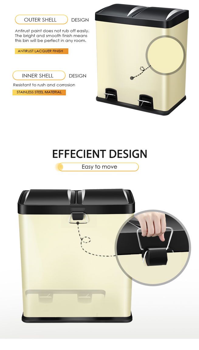 60L Dual Pedal Compartment Rubbish Bin Powder Coated Steel Kitchen ...