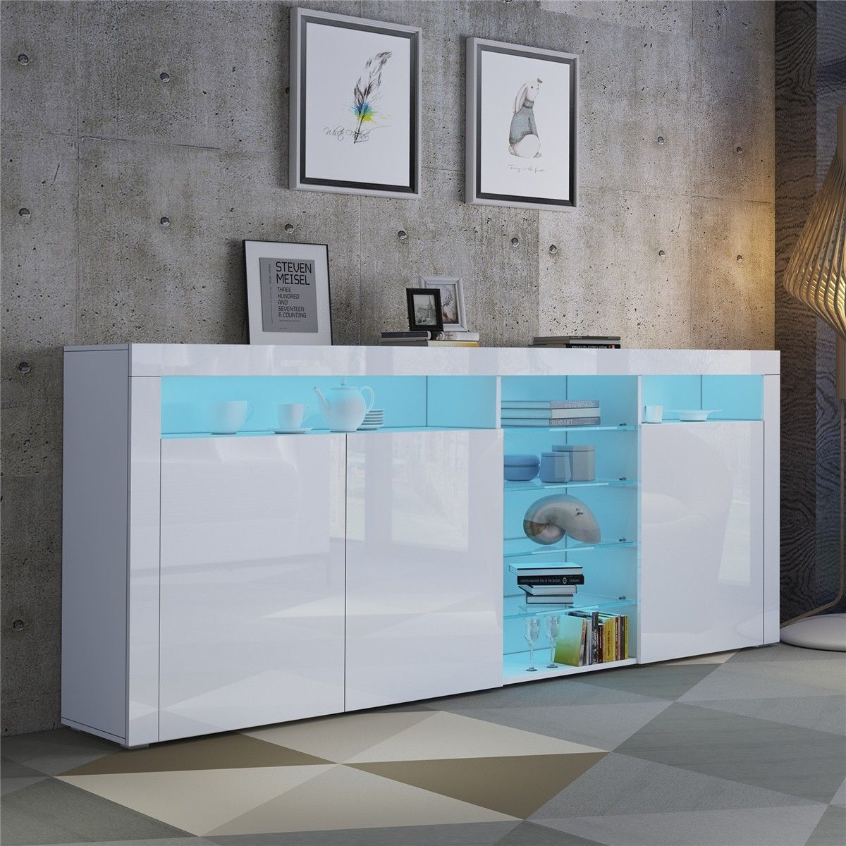200cm White Buffet Sideboard Modern 3 Doors Cabinet Storage Cupboard ...