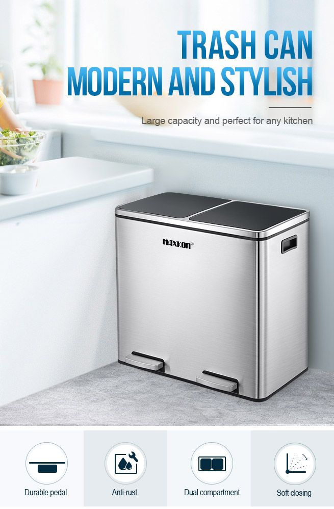 48L Dual Compartment Dustbin Stainless Steel Kitchen Garbage Rubbish ...