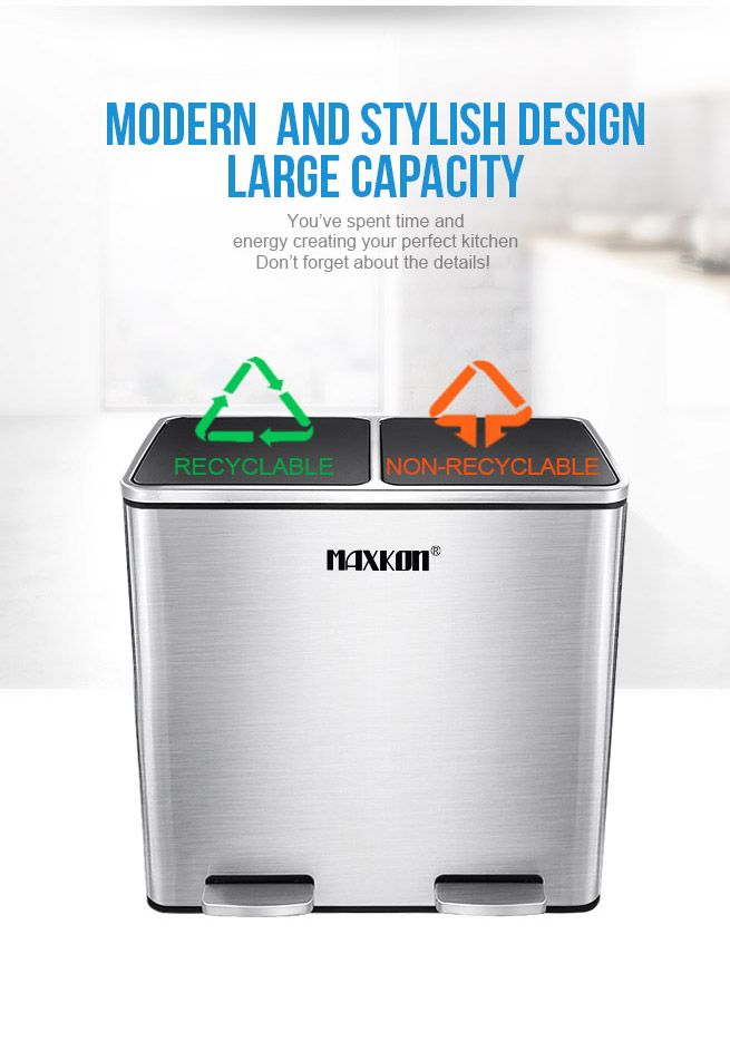 48L Dual Compartment Dustbin Stainless Steel Kitchen Garbage Rubbish ...