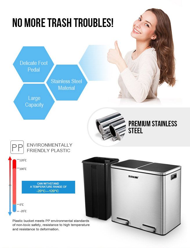 48L Dual Compartment Dustbin Stainless Steel Kitchen Garbage Rubbish ...