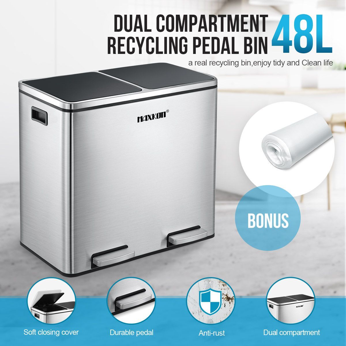 48L Dual Compartment Dustbin Stainless Steel Kitchen Garbage Rubbish ...
