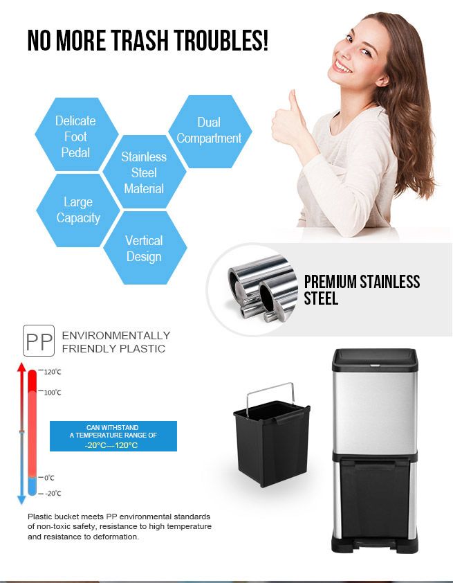 34L Two Layer Press Top Dustbin Kitchen Waste Pedal Bin Garbage Trash ...