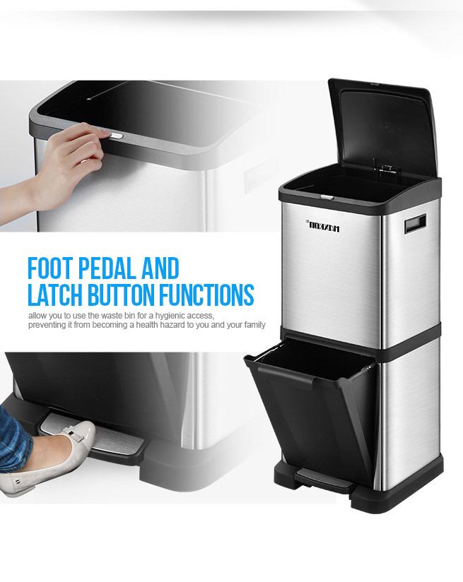 34L Two Layer Press Top Dustbin Kitchen Waste Pedal Bin Garbage Trash ...