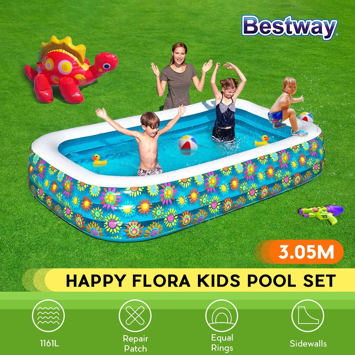 Bestway Kids Toddler Inflatable Swimming Pool 3.05x1.83x0.56m Flora
