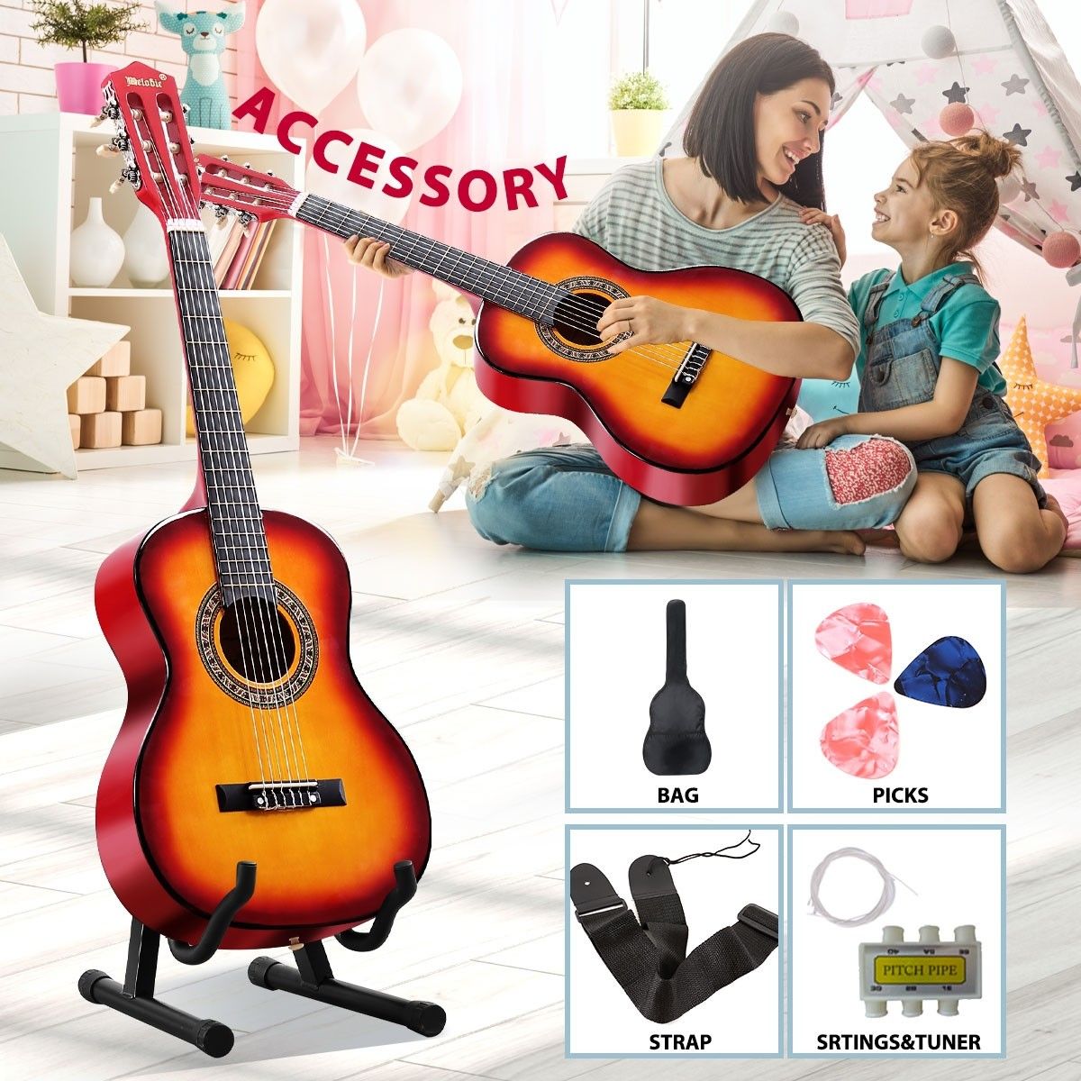 Melodic Sunburst Acoustic Guitar 34inch Kids Beginners with Bag Tuner ...